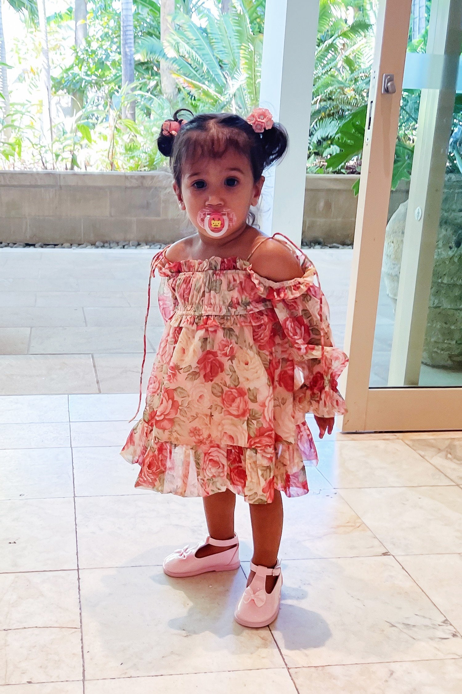 Shailee Floral Kids Dress with Off-Shoulder Sleeves | Afterpay